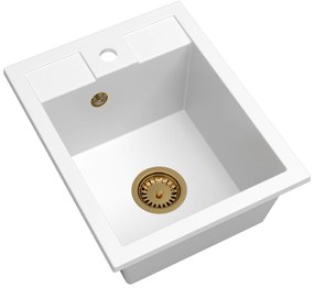 Sink Quality Ferrum 40, kuchyňský granitový dřez 400x500x195 mm + zlatý sifon, bílá, SKQ-FER.W.1K40.XG