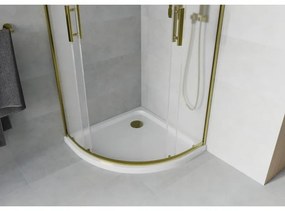 Mexen Rio půlkruhový sprchový kout 90 x 90 cm, Vzor jinovatky, Zlatá + sprchová vanička Flat, Bílá - 863-090-090-50-30-4110G