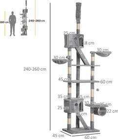 PawHut škrabadlo pro kočky 240-260 cm vysoké sisalové šplhací stromy světle šedé levně pro milovníky koček | Aosom.de