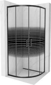 Mexen Rio, čtvrtkruhový sprchový kout s posuvnými dveřmi 90 (dveře) x 90 (dveře) x 190 cm, 5mm čiré sklo s pásky, černý profil, 863-090-090-70-20