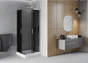 Mexen Rio, čtvercový sprchový kout s posuvnými dveřmi 90 x 90 cm, 5mm šedé sklo, chromový profil + bílá vysoká vanička Rio, 860-090-090-01-40-4510