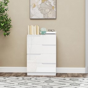 HOMCOM Komoda se 4 zásuvkami, Skříňka pro obývací pokoj a ložnici, Leskle bílá 60 x 40 x 85 cm