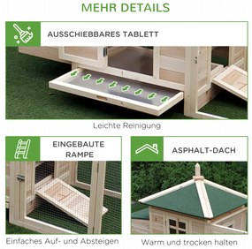 PawHut bantamový kurník s výběhem a hřady, zimní kurník z borovicového dřeva, hnízdní box pro křepelky, 196 x 76 x 97 cm | Aosom.de