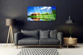 Obraz na skle Dům Jezero Tráva Příroda 100x50 cm