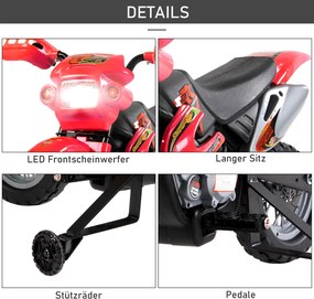 HOMCOM Dobíjecí elektrická motorka pro děti 6V od 3 let s nabíječkou a podpůrnými koly 102x53x66 cm Červená
