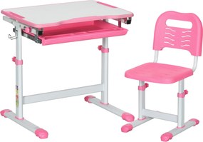 HOMCOM Nastavitelný školní stůl pro děti ve věku 6-12 let, set stolu a židle s 45° naklápěcí deskou, zásuvkou, 2 držáky na tužky a háčkem, růžový | Ao