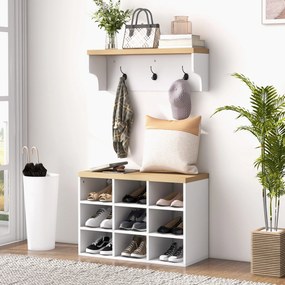 HOMCOM Stojan na kabáty a botník 2 v 1 - Vstupní nábytek se 3 háčky a policemi pro 9 párů bot 75x30x50 cm a 75x20x22,5 cm Bílý