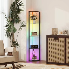 HOMCOM LED stojací lampa, 5stupňově stmívatelná lampa s policí, RGB měnění barev, dálkové ovládání B31-552V90BK