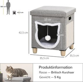 PawHut kočičí jeskyně s polštářem a škrabací podložkou, hrací míč, protiskluzová, šedá, polyester pro kočky | Aosom.de