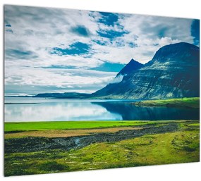 Skleněný obraz jezera s horami (70x50 cm)