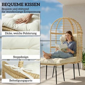 Outsunny vejčité křeslo z PE ratanu s podnožkou — boho lounge pro terasu i interiér, tlusté polštáře, práškově lakovaný rám, béžové