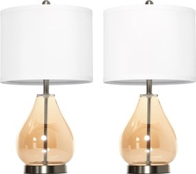 HOMCOM Sada 2 nočních lampiček s paticí E27, 40W, sklo, len, ocel, jantarová barva, Ø30 x 56H cm| Aosom