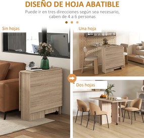 Skládací jídelní stůl HOMCOM – Sklápěcí stůl do kuchyně s kolečky, sklápěcími křídly a policemi pro 4-6 osob 75x140x74 cm Přírodní