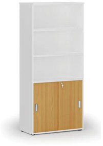 Kombinovaná kancelářská skříň PRIMO WHITE, zasouvací dveře na 2 patra, 1781 x 800 x 420 mm, bílá/buk
