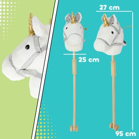 AIYAPLAY hlavice koně na dřevěné tyči Design jednorožce Zvuky a kolečka Houpací kůň 95 cm Bílá
