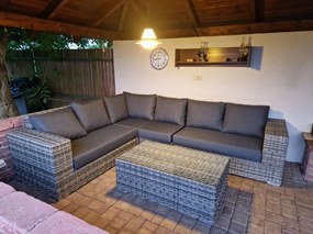 Zahradní set – exkluzivní souprava Bianca 2 pro 6 osob, kulatý šedý umělý ratan 303x240cm