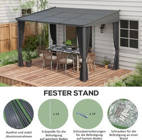 Pergola Outsunny, 3,65 x 2,55 m, Pavilon, Kryt terasy s posuvnou střechou, Zahradní pergola s závěsy, pro zahradu, dvůr, Hliník + kov, Tmavě šedá