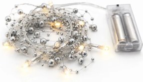 LED světýlka na baterie, perly stříbrné, 1,3 m, teple bílá, 10 diod, čirý kabel, IP20 interiér, 2 × AA