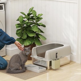 PawHut Nerezová kočičí toaleta Otevřená kočičí toaleta bez víka XXL Kočičí toaleta se škrabkou Vysoký okraj Úložný box Kočičí toaleta pro středně vel…
