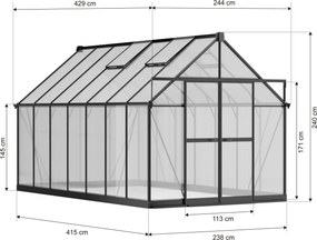 Skleník 240 x 244 x 429 cm, zesílená konstrukce, polykarbonát 6 mm