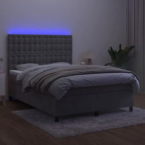 Box spring postel s matrací a LED světle šedá 140x200 cm samet 3136365