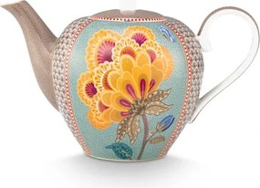 Pip Studio Blooming Tales velká čajová konvice 1,6 l, modrá-khaki (Čajová konvice z tenkostěnného porcelánu)