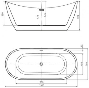 Mexen Lotos, volně stojící vana 150 x 75 cm, bílá/černá, měděný matný přepad, 52051507775-65