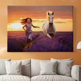 Obraz na plátně - Levandulové přátelství, kůň Whisper a mladá dívka FeelHappy.cz Velikost obrazu: 150 x 100 cm