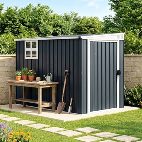 Outsunny Kovová Kůlna na Nářadí 2.7m² 128x231x181cm Se Šikmou Střechou, Okno, Zámek, Voděodolná Exteriérová Kůlna pro Zahradní Prostor Tmavě Šedá