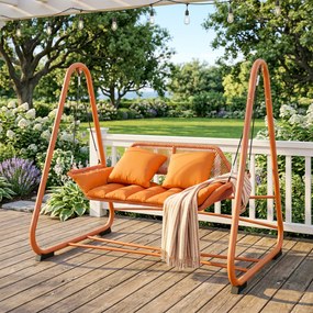 Outsunny Terrakota dvojmístná houpačka Hollywood s polštáři — závěsné lehátko na kovovém A-rámu pro zahradu, terasu a balkon (174 × 120 × 162 cm)
