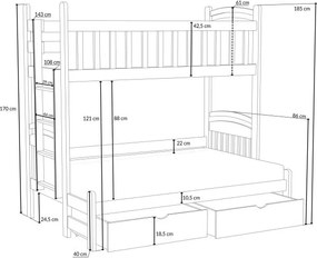 Dětská patrová postel z masivu borovice s rozšířeným spodním lůžkem LUKÁŠ se šuplíky - 200x90/140 cm - BÍLÁ