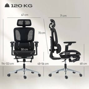 HOMCOM ergonomická kancelářská židle — nastavitelná bederní opora a opěrka hlavy, 5D područky, dělené opěradlo, výsuvná opěrka nohou, výškově nastavi…