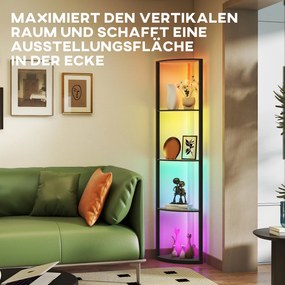 HOMCOM LED stojací lampa, 5stupňově stmívatelná lampa s policí, RGB měnění barev, dálkové ovládání B31-552V90BK
