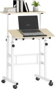 HOMCOM stojací‑sedací stůl 60×60 cm – výškově nastavitelný, s kolečky, naklápěcí deska stolu, kovový rám, přírodní