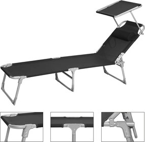 Zahradní lehátko LAGUNA s nastavitelnou clonou, 193x53x29cm, černá SongmicsHome