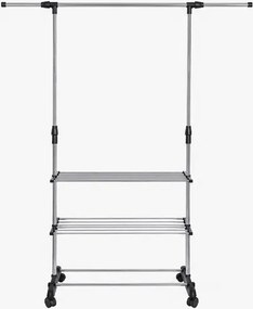 věšák, stojan na šaty, 1 tyč, 3 police, výsuvný, kolečka, kov/plast, 93-158x91-164x43 cm, chrom/černá, Dekorino TK20260033