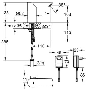 Grohe Bau Cosmopolitan E - Infračervená elektronická umyvadlová baterie se směšovacím zařízením a nastavitelným omezovačem teploty, chrom…