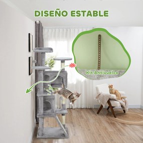 PawHut Kočičí škrabadlo výška 138 cm, strom pro kočky s sisalovými škrabacími sloupy, platformami, úkryty, zavěšenými míčky a hamakem, světle šedé