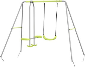 Zahradní houpačka Outsunny pro děti s 1 jednoduchou houpačkou, 1 klouzačkou a anti-UV ochranou, nosnost 135 kg, 255x160x180 cm, šedá a zelená