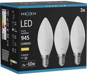 Mexen Nova 3x LED žárovka E14, C37, 9W, Teplá - 3000K, 945 lm - L102-E14-0930-01x03