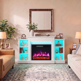 HOMCOM TV stolek s elektrickým krbem a 6 policemi, 138 cm, 900/1800 W, bílý