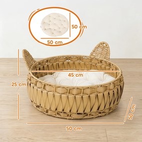 PawHut Kočičí pelíšek Ratanová kočičí jeskyně s odnímatelným polštářem, košík pro kočky do 10 kg, 50 x 25 cm, světle hnědá