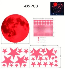 Samolepky na zeď - svítící měsíc s hvězdami Varianta: set E - velký červený měsíc + hvězdy, 435ks