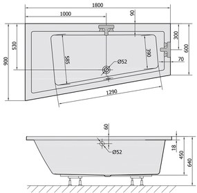Polysan ANDRA L SLIM asymetrická vana 180x90x45cm, bílá, 72872S