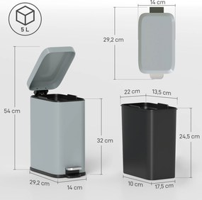 HOMCOM Pedálový odpadkový koš 5 l s víkem a nožním pedálem, kovový vnitřní koš šedý 29,2x14x32 cm do obývacího pokoje kanceláře | Aosom.de