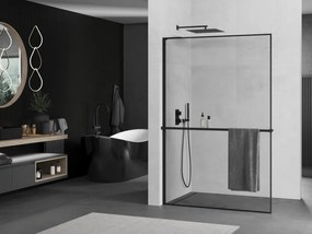 Mexen Kioto+ L, sprchová zástěna Walk-In s poličkou a věšákem 60 x 200 cm, 8mm čiré sklo černý vzor, ​​černý profil, 800-060-123-70-70