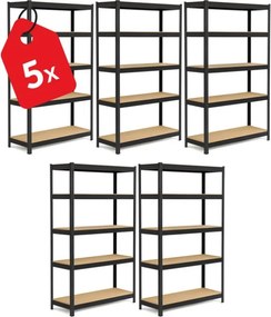 Akce 5x Regál 200x100x30 cm lakovaný 5-policový, nosnost 875 kg - černý