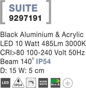 NV 9297191 Venkovní nástěnné svítidlo SUITE černý hliník a akryl LED 10W 3000K 100-240V 140st. IP54 - NOVA LUCE
