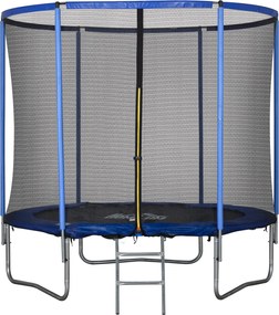 HOMCOM Dětský a Dospělácký Trampolína do Zahrady s Elastickou Podložkou a Ochrannou Sítí, Žebřík a Polstrované Okraje, Ø244x240cm, Modrá a Černá | Aos