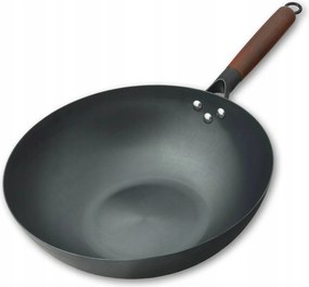 Pánev Wok ocelová 32 cm ploché dno, odnímatelná dřevěná rukojeť
